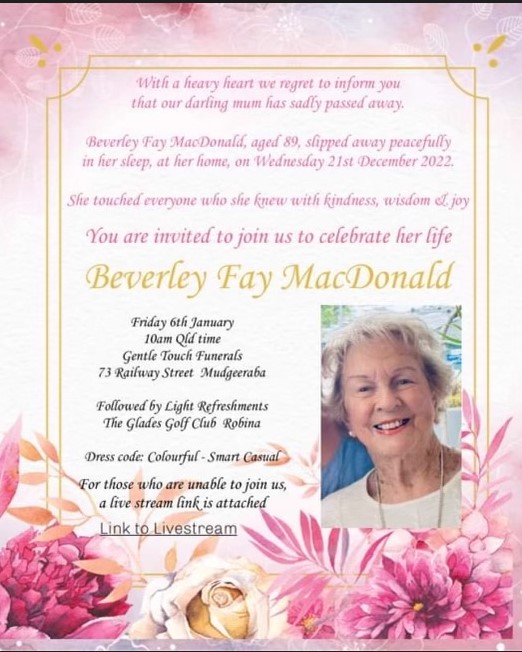 Bev MacDonald – Passed Away 21 December 2022 – Aged 89 years – OTVA ...